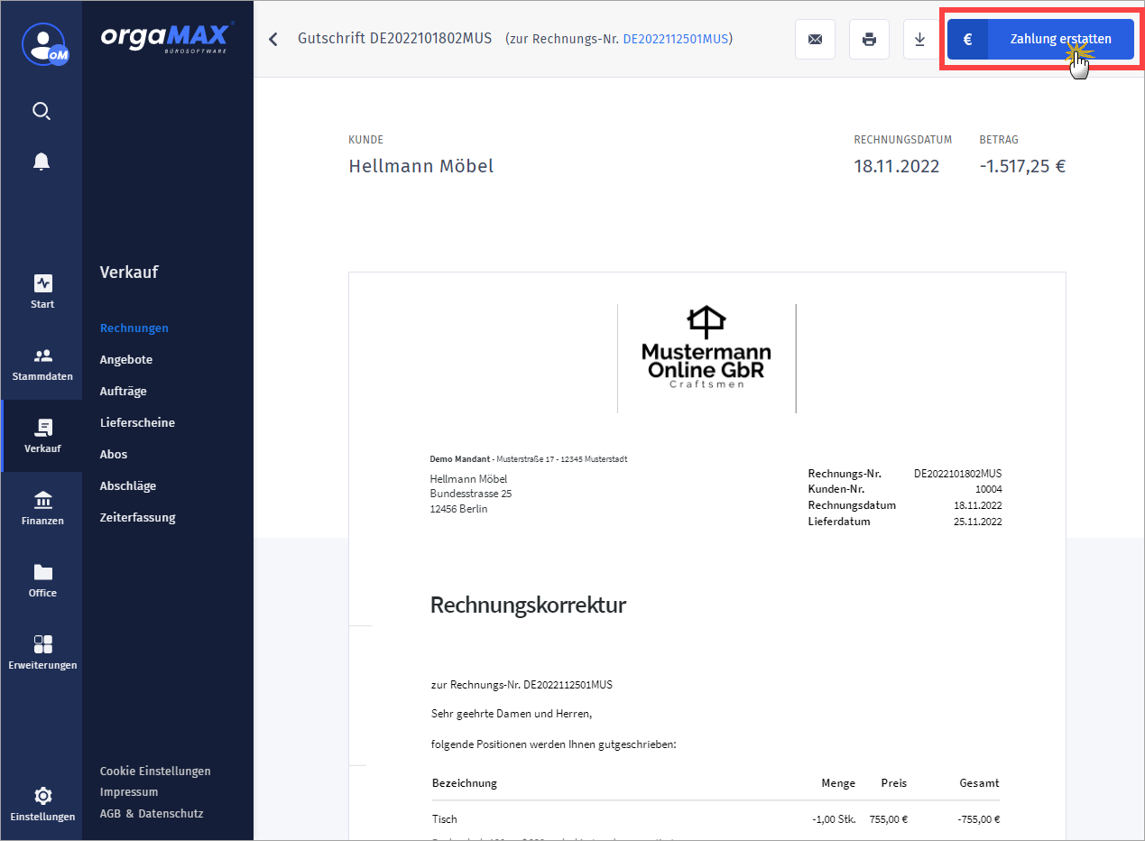 Rechnungskorrekturen, Stornorechnung, Gutschrift und Zahlungserstattung